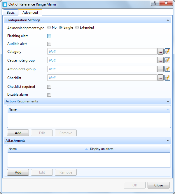 Out of Reference Range Alarm Properties – Advanced Tab