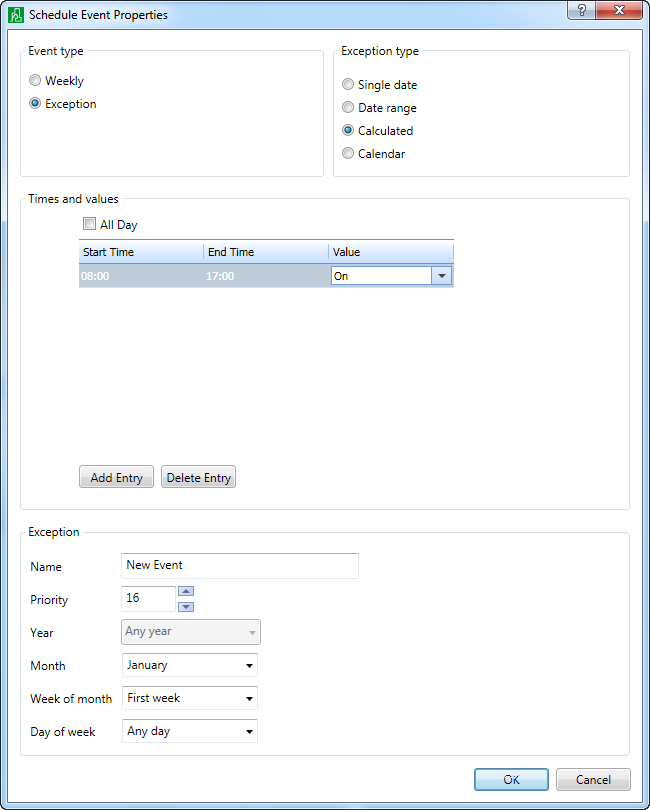 Schedule Event Properties Dialog Box – Calculated Exception View