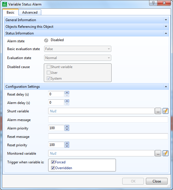 Variable Status Alarm Properties – Basic Tab