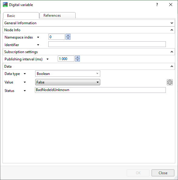 OPC UA Digital Variable Dialog Box – Basic Tab
