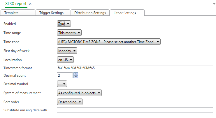 XLSX Report Other Settings Tab